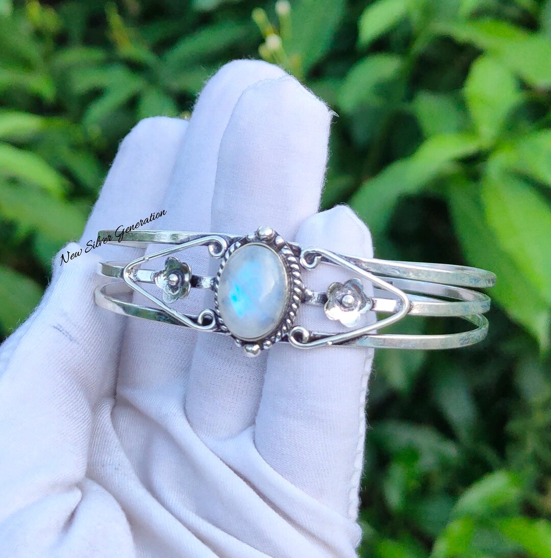 Natural Moonstone Bangle, 925 Sterling Silver Bangle, Adjustable Cuff ...