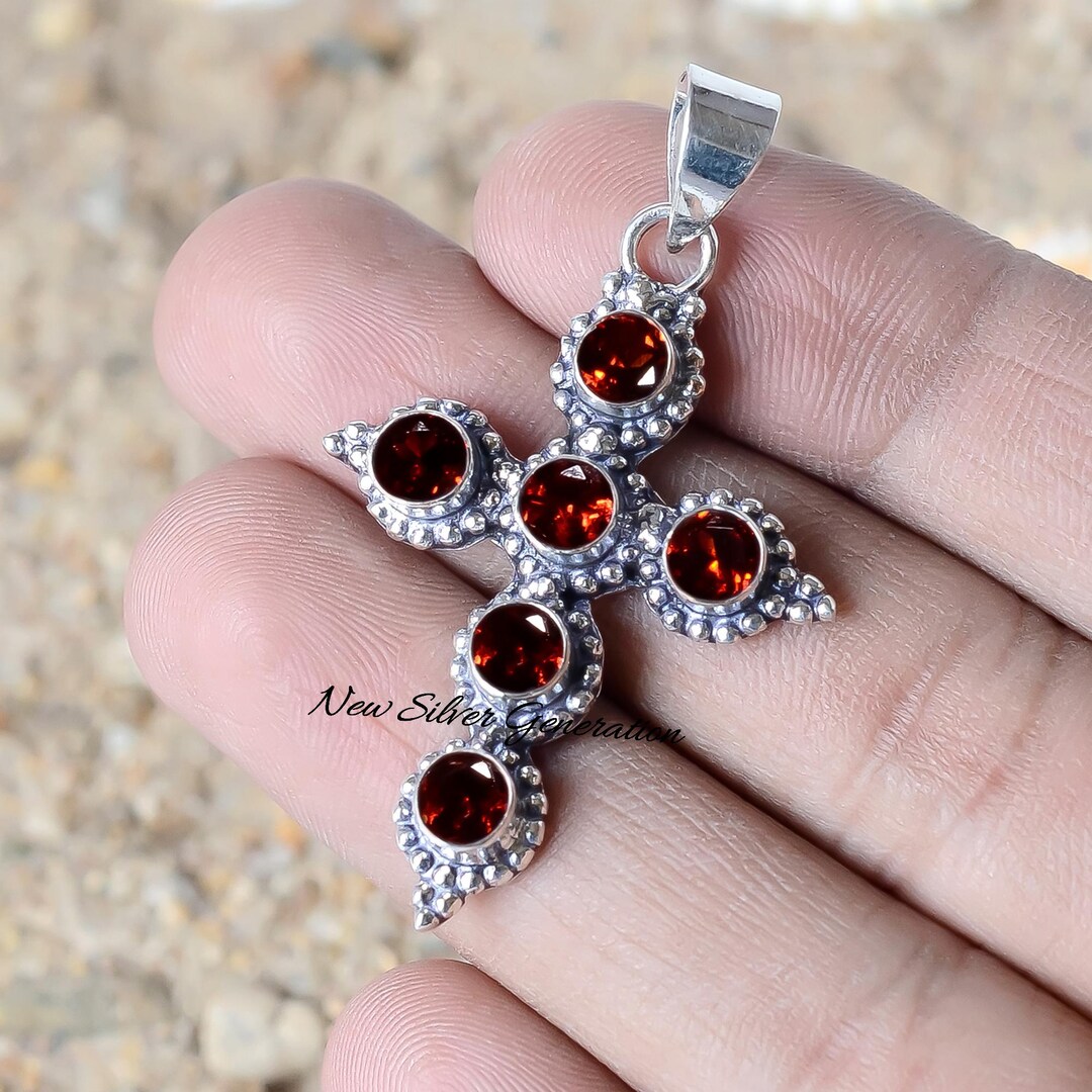 Natural Garnet Cross Pendant, 925 Sterling Silver Pendant, Handmade ...