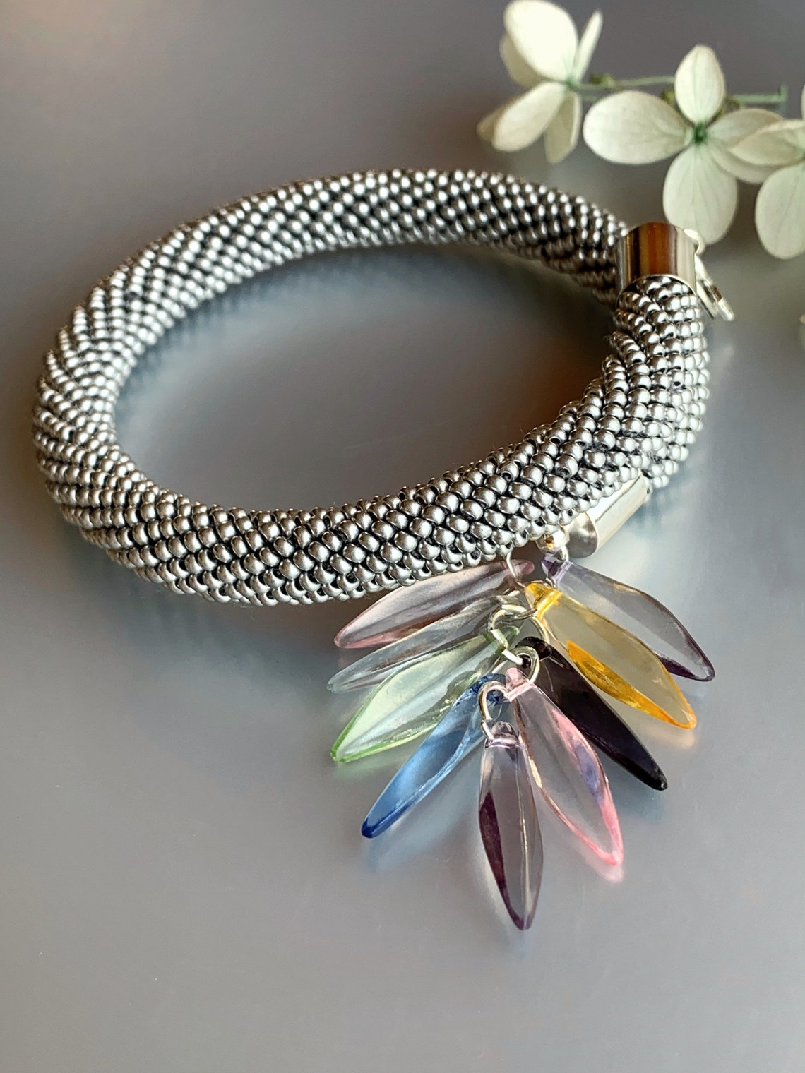 Elegant Silver Beaded Rope Bracelet With Transparent Colourful - Etsy