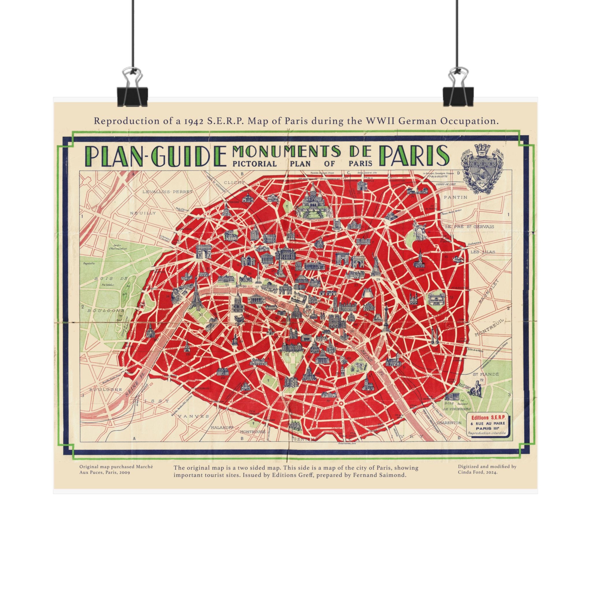 Old Paris Map Reproduction, Vintage Map of Paris Monuments ...