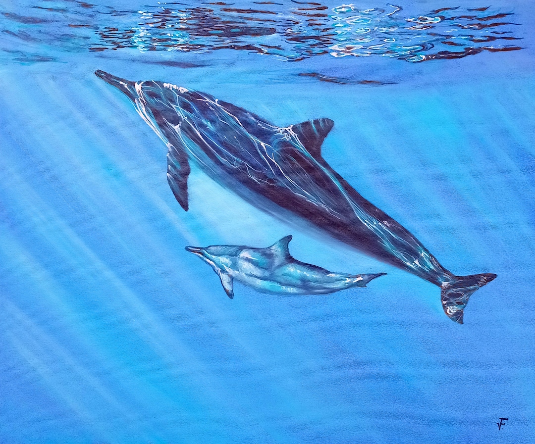 Two Blue Dolphins Ocean Animal Painting Underwater Life Original Art ...