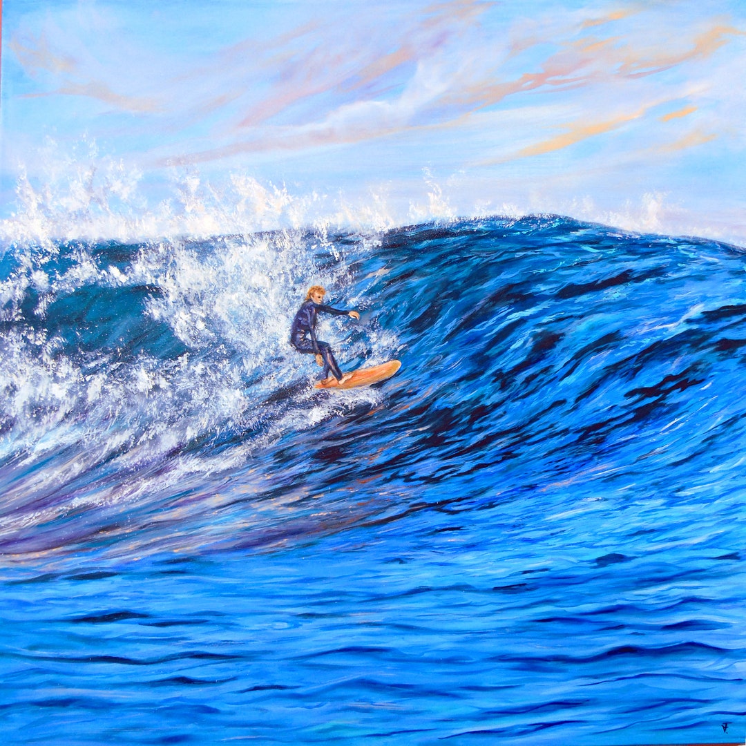 Surfing on Huge Ocean Wave Original Painting Oil on Canvas 39 By39 ...