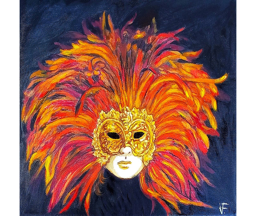 Red Venetian Mask Original Painting on Canvas 12" by 12"/ 30 by 30 Cm ...