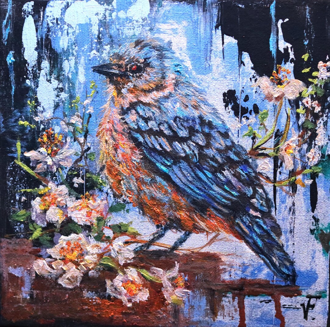 Little Bird Original Small Painting Oil on Canvas 20 by 20 Cm (8