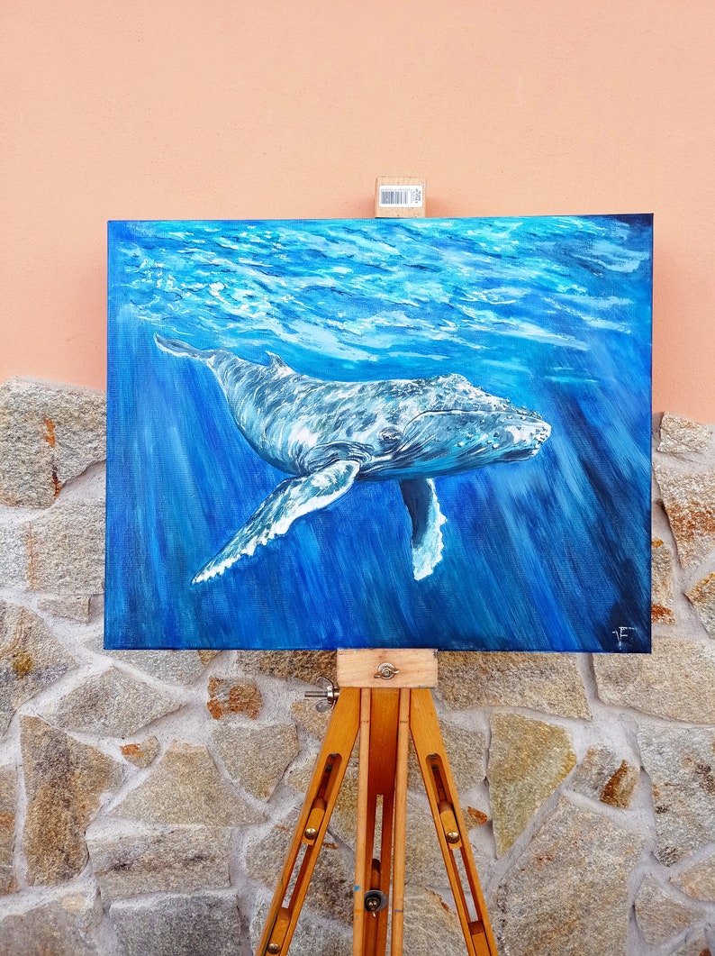 Big Blue Whale Ocean Animal Painting Underwater Life Original Art Oil ...