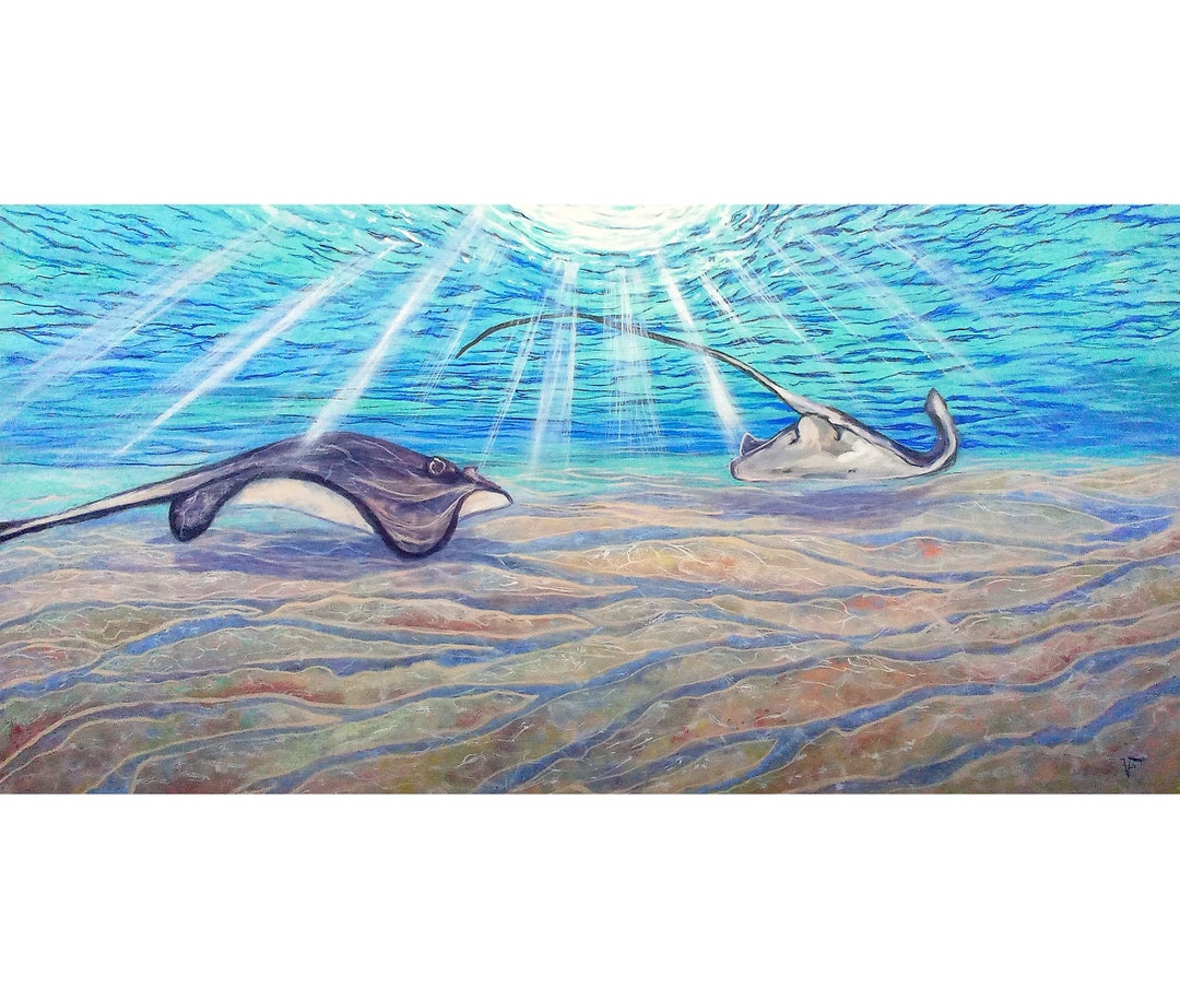 Stingrays on Ocean Bottom Painting Underwater Animal Original Art on ...