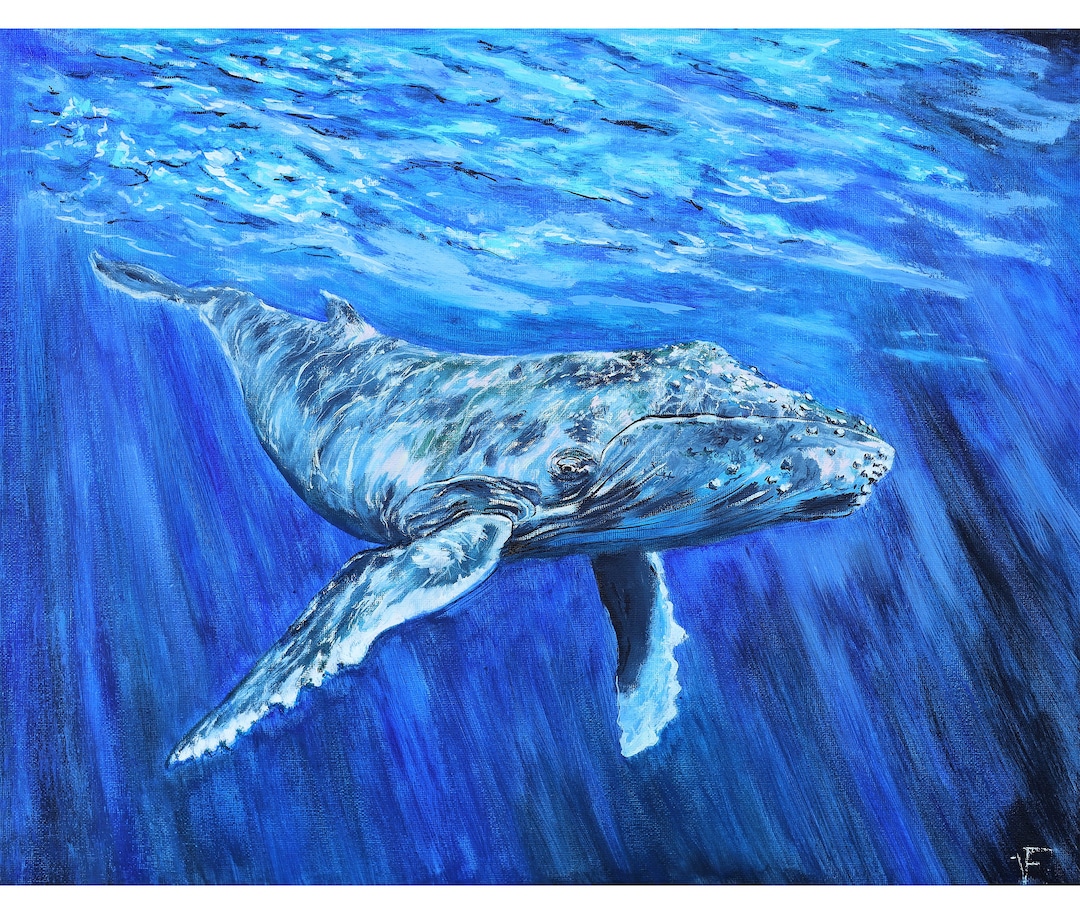 Big Blue Whale Ocean Animal Painting Underwater Life Original Art Oil ...