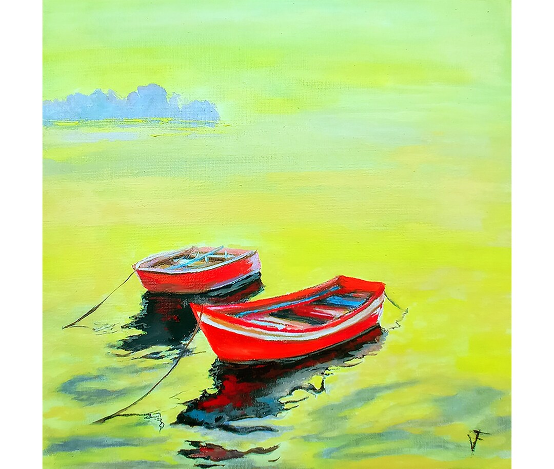 Red Boats Seascape Painting Original Artwork Oil on Canvas 12 per 12 ...