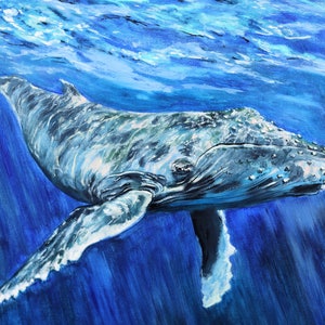 Big Blue Whale Ocean Animal Painting Underwater Life Original Art Oil ...