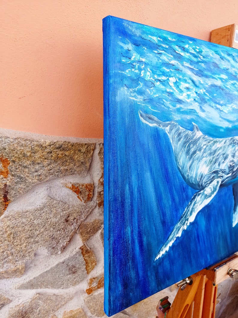Big Blue Whale Ocean Animal Painting Underwater Life Original Art Oil ...