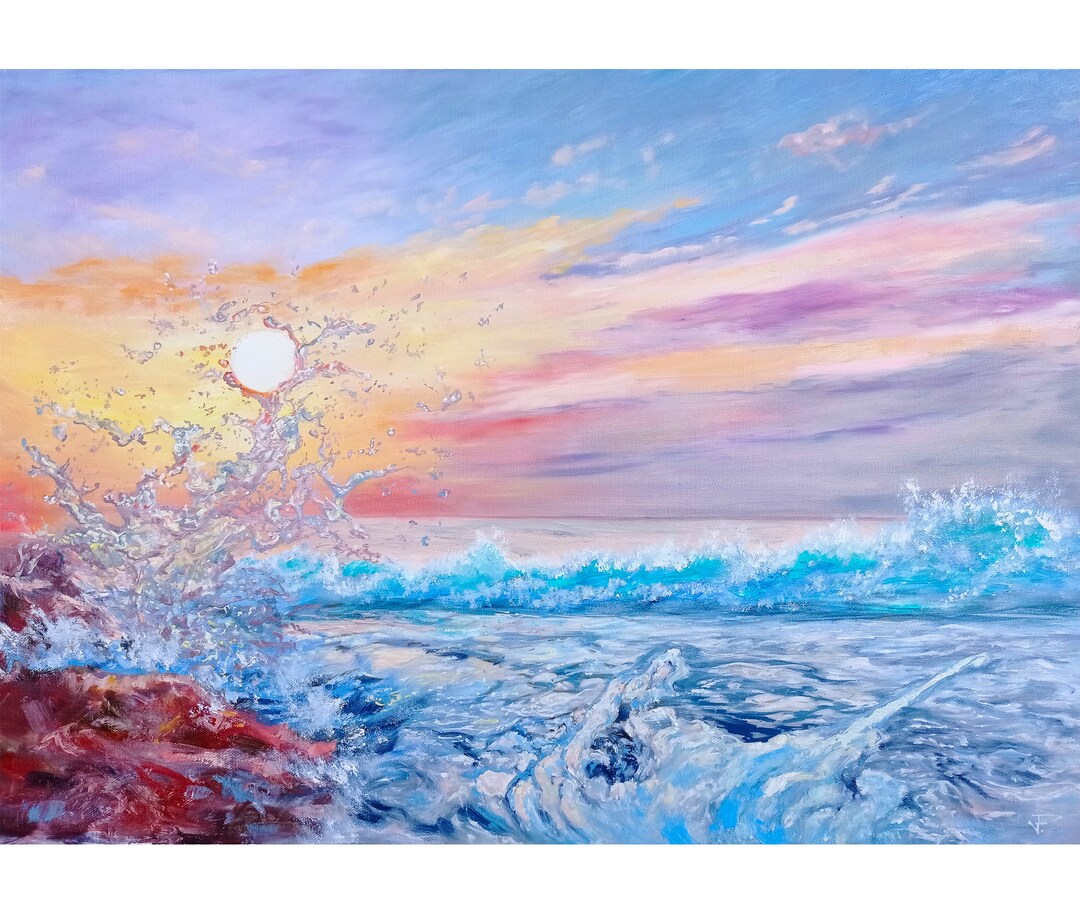 Sunset Sea Painting Seascape Colored Sky Original Oil Artwork on Canvas ...