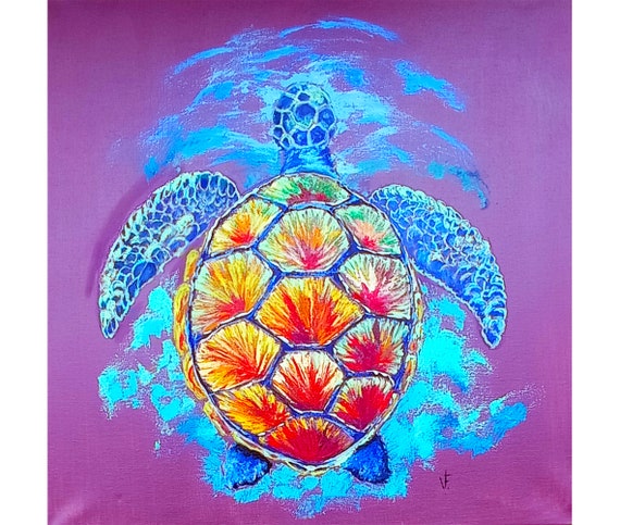 Turtle Bright Colors Painting Original Oil on Canvas Artwork | Etsy