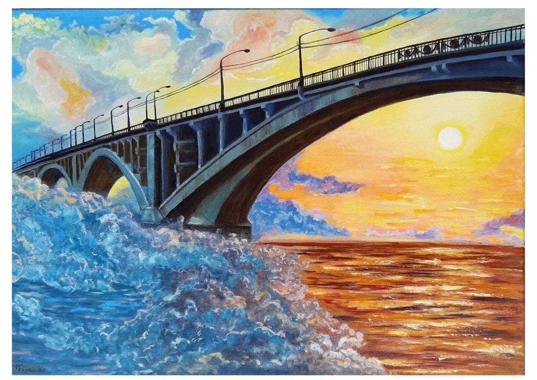 Bridge on Sunset Painting Original Artwork on Canvas Landscape Painting ...