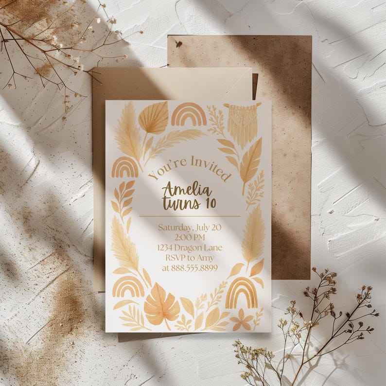 Boho Rainbow Birthday Invitation | Editable Digital Download | Neutral ...