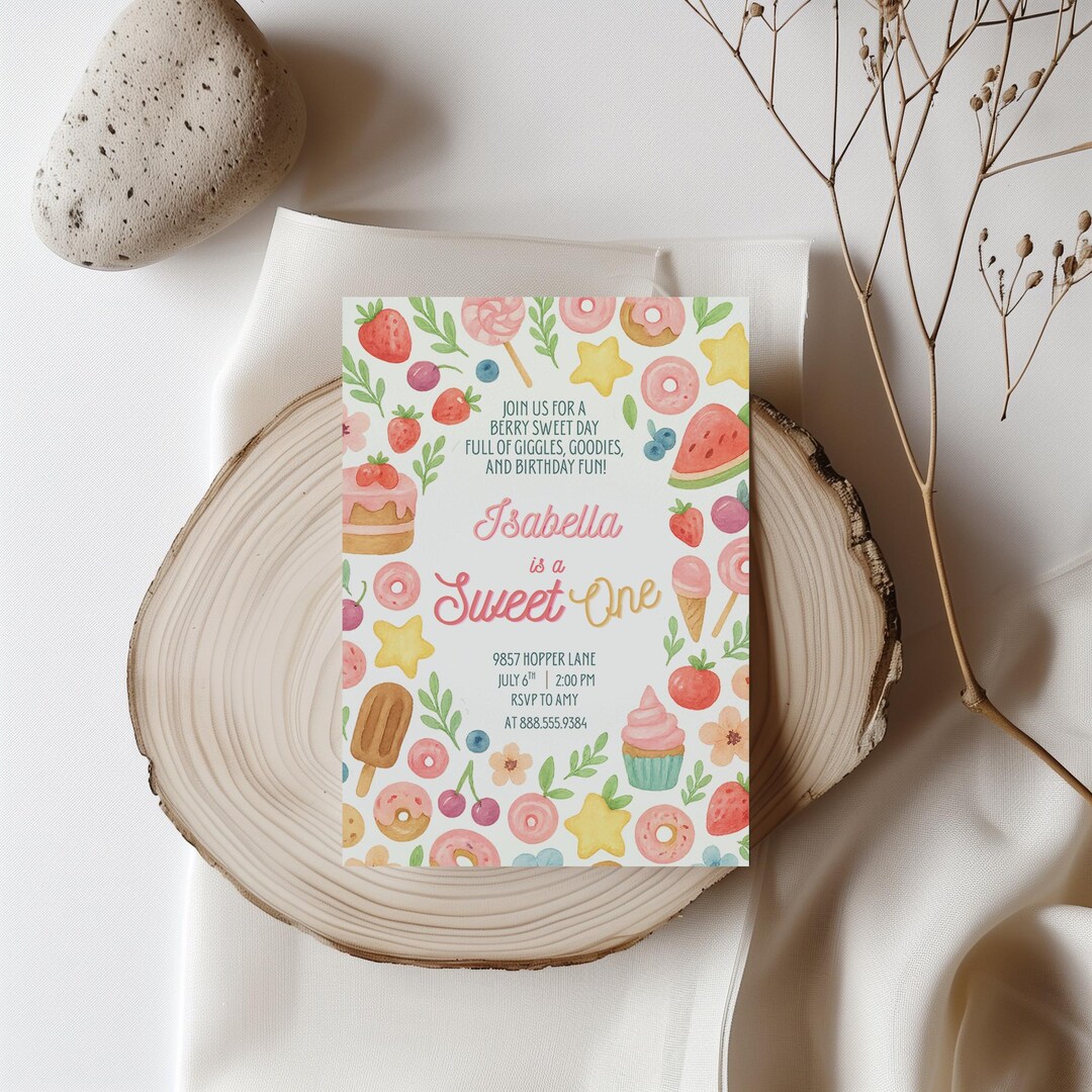 Berry Sweet One Birthday Invitation | Pastel Watercolor (digital ...