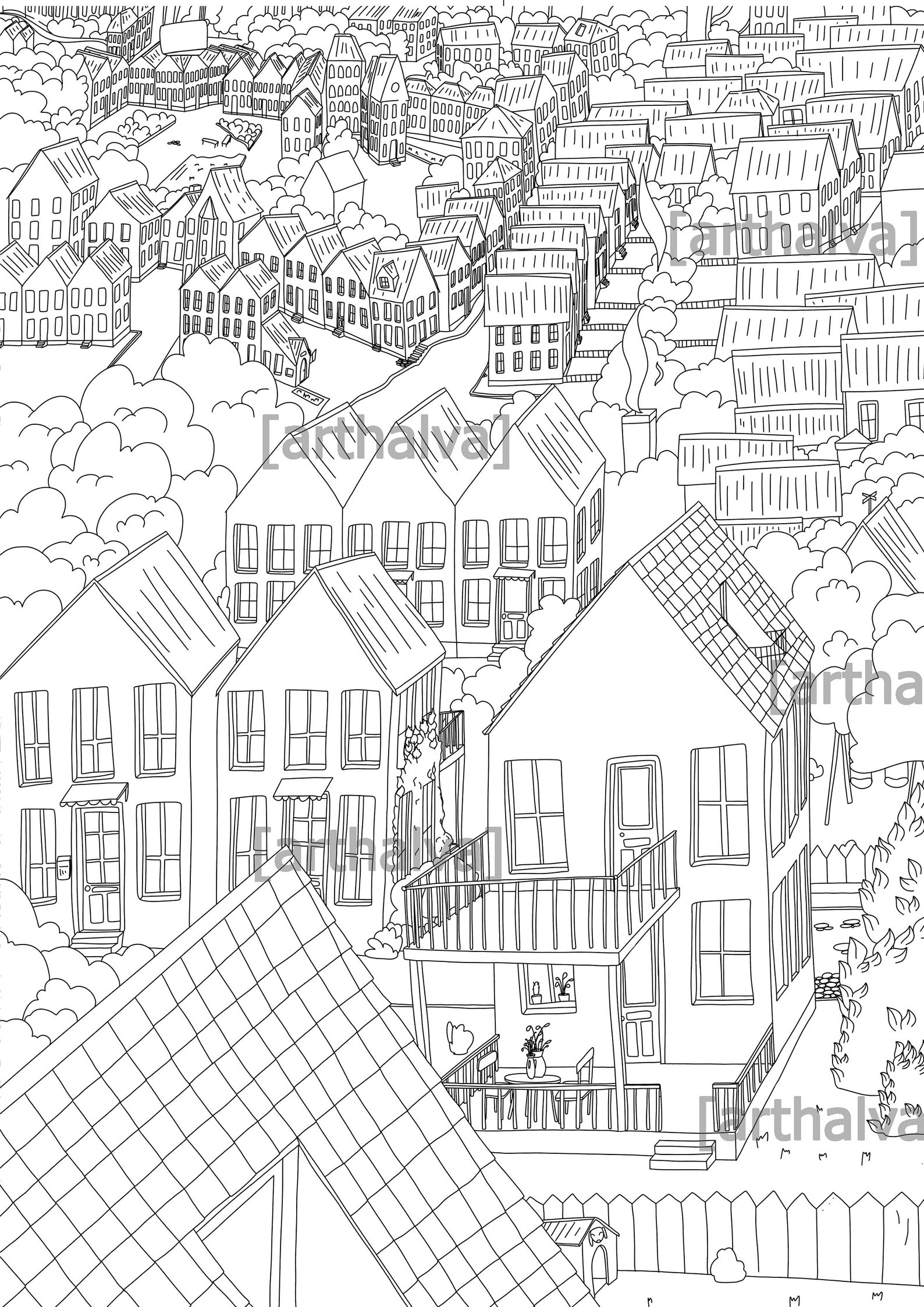 Printable Coloring Page town for adult A4 A3 digital Coloring | Etsy