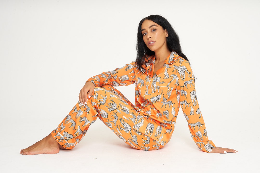 Orange Silky Cheetah Print Pyjamas | Animal Print Pyjamas | Gifts for ...