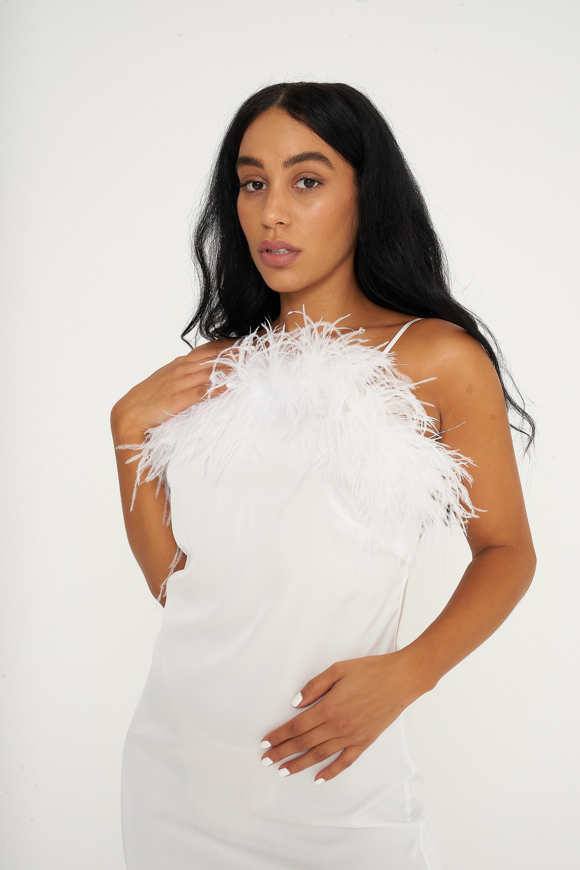 White Feather Slip Dress With Detachable Feathers, White Dress ...
