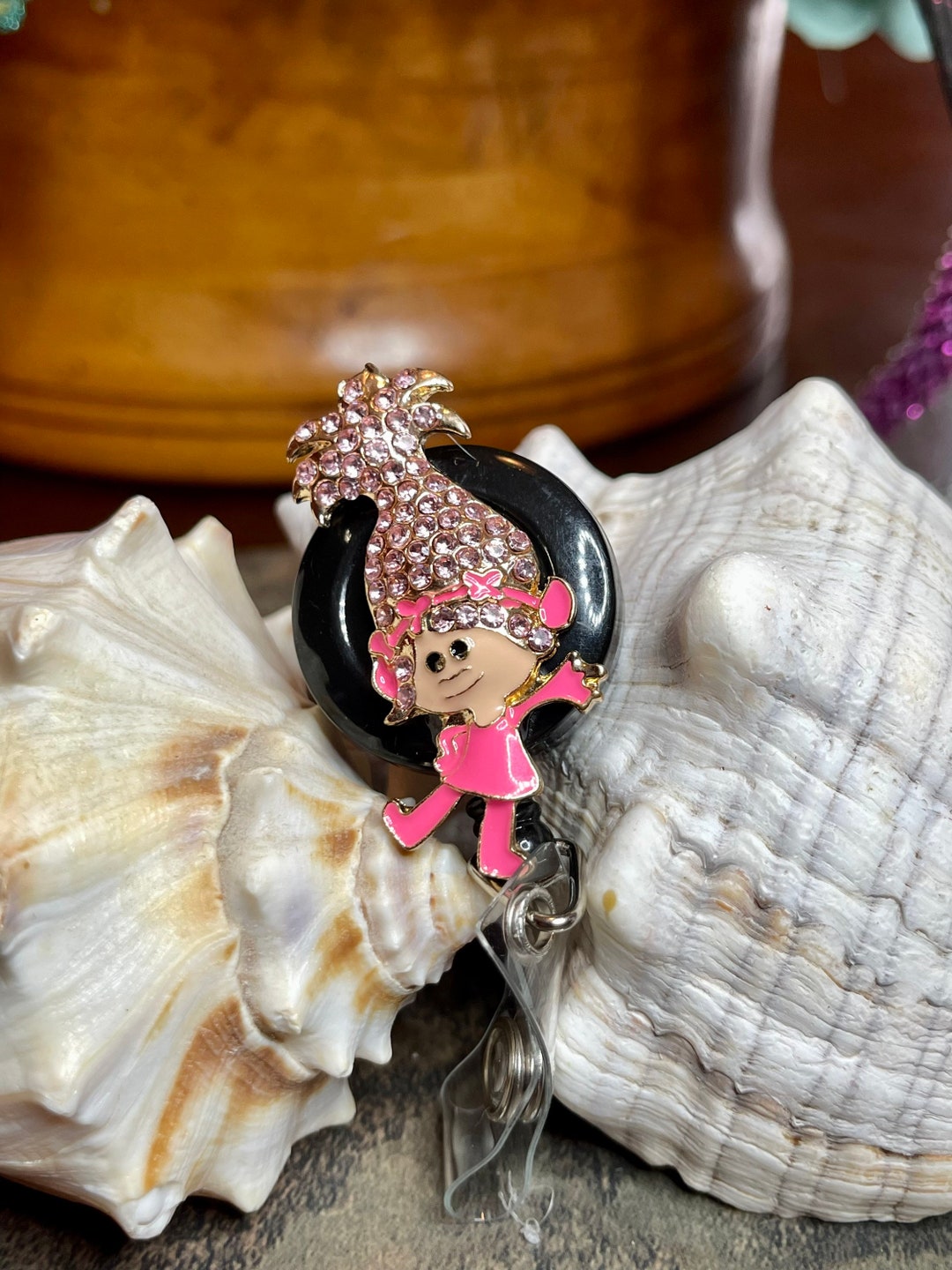 Troll Pink ID Badge Reel Holder Cartoon Children Rhinestone Crystal ...