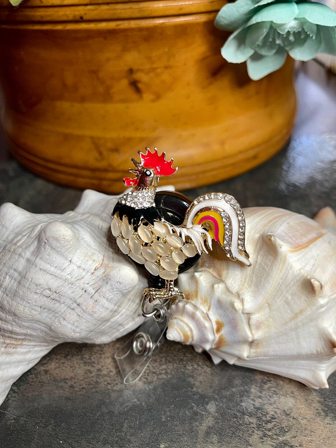 Rooster ID Badge Reel Holder Chicken Hen Farm Lampwork Rhinestone ...