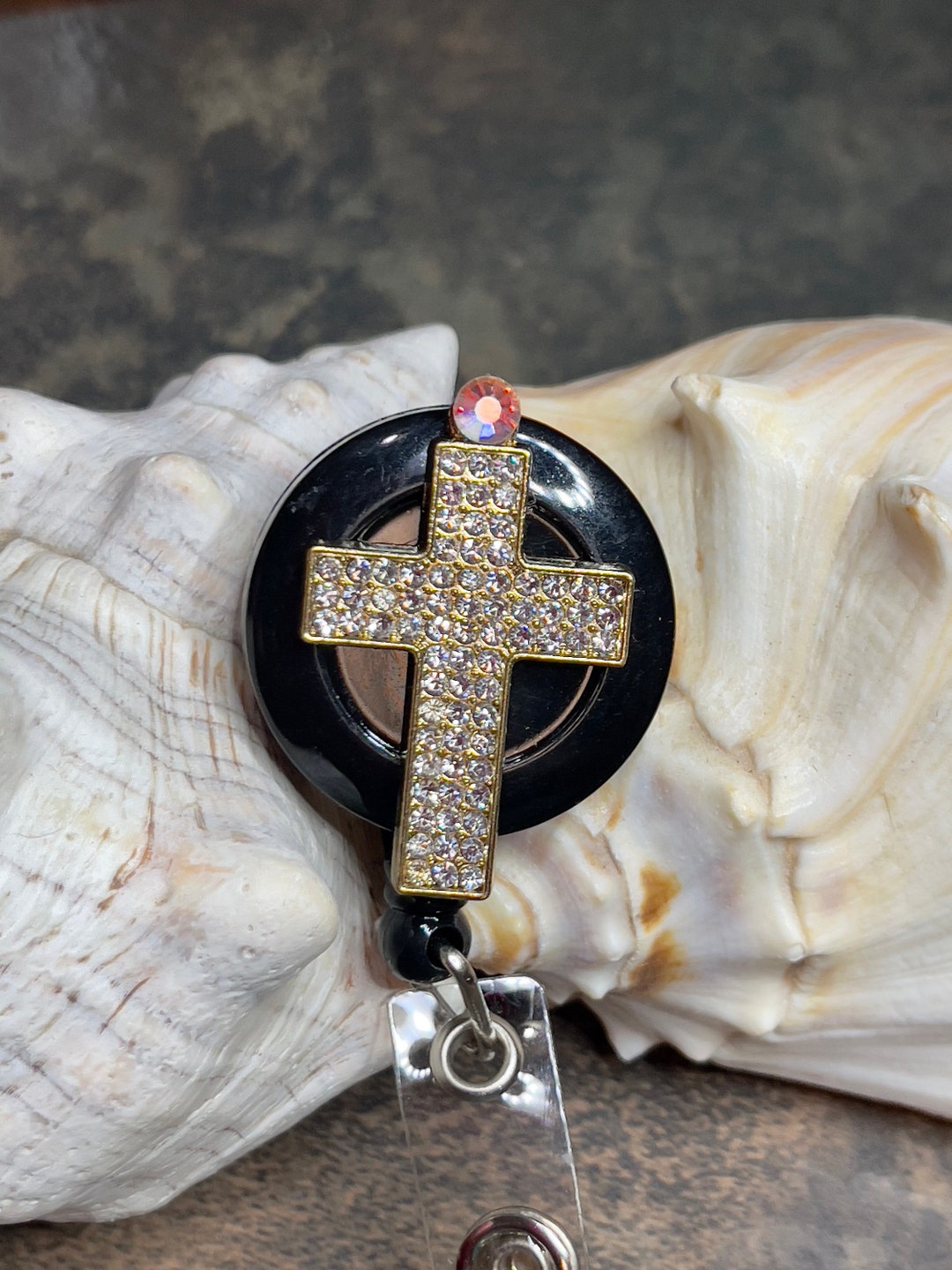 Cross Badge Holder ID Reel Crystals Brooch Clergy Church Secretary ...