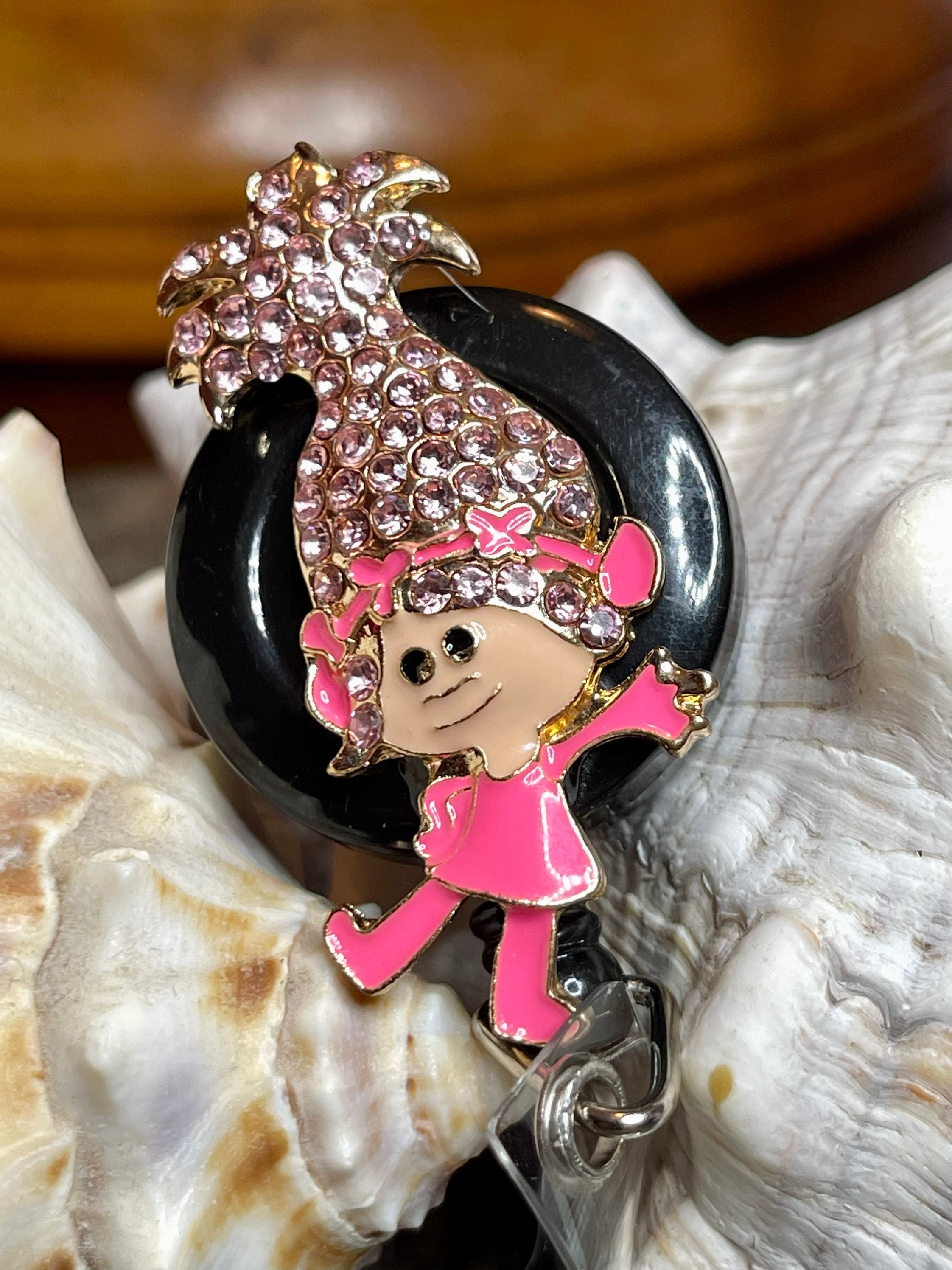 Troll Pink ID Badge Reel Holder Cartoon Children Rhinestone Crystal ...