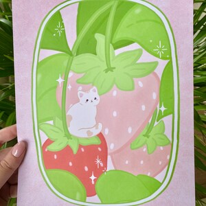 Cat Strawberries Art Print | Cute Cat Art Print | Cat Print ...