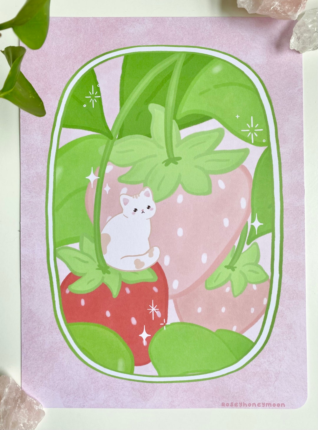 Cat Strawberries Art Print | Cute Cat Art Print | Cat Print ...