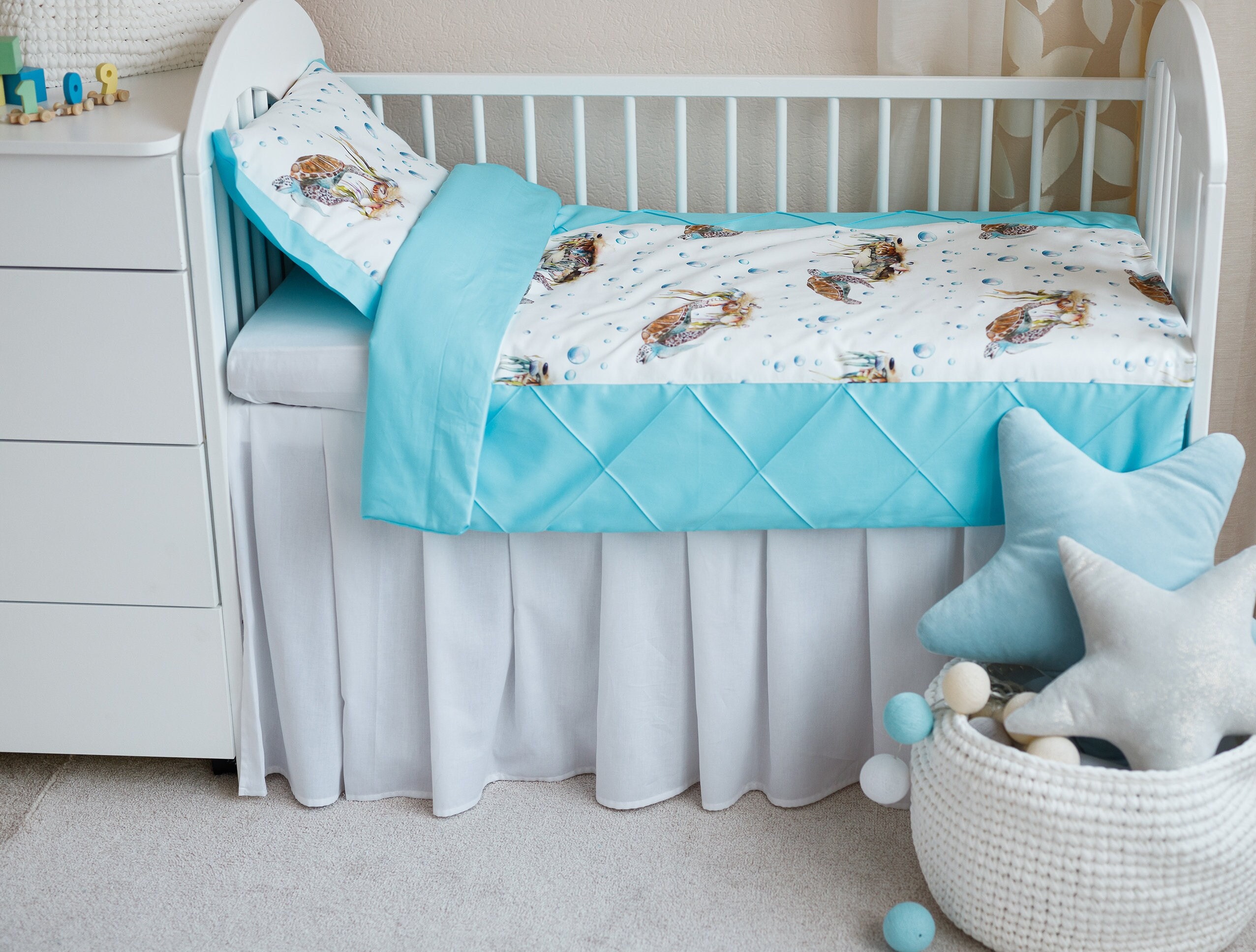 Beautiful Blue & White Baby Bedding Set With Sea Turtle Print, Soft ...