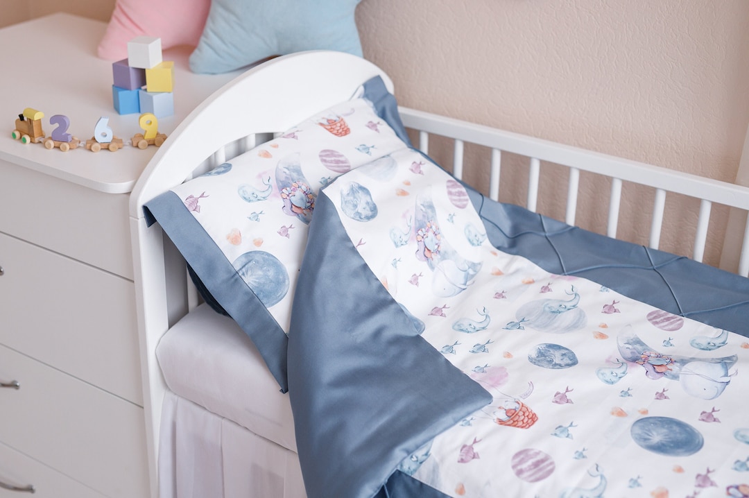 Beautiful Blue and White Baby Bedding Set With Whale and Space Print ...