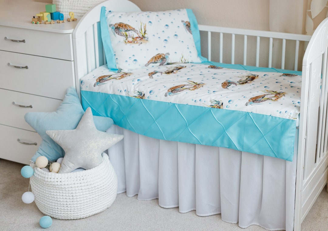 Beautiful Blue & White Baby Bedding Set With Sea Turtle Print, Soft ...