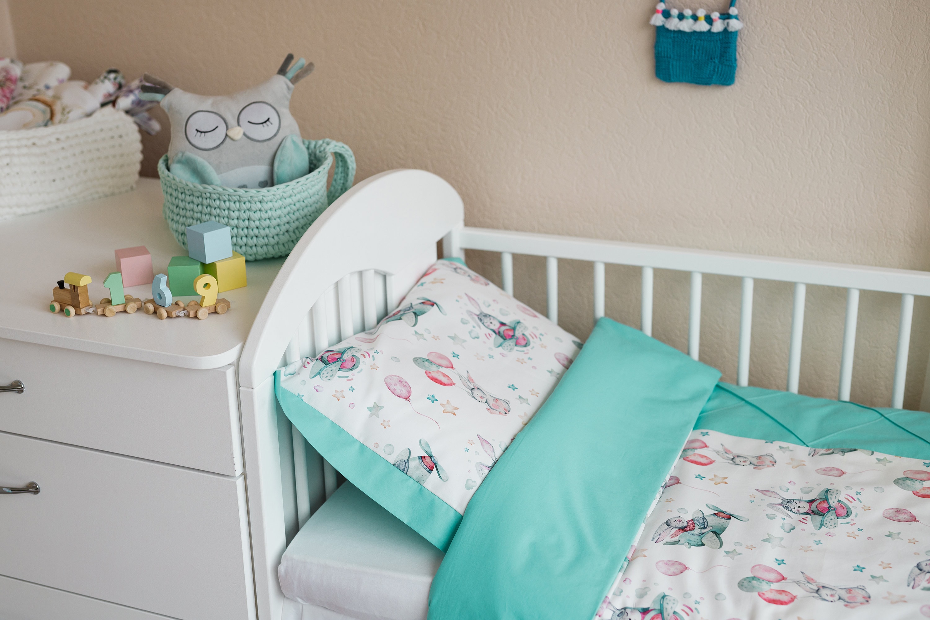 Beautiful Green Baby Bedding Set With Rabbit Bunny and Airplane Print ...