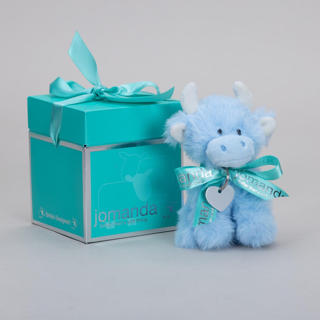 Personalised Mini Baby Blue Highland Cow Plush Soft Toy in Pop up Box ...