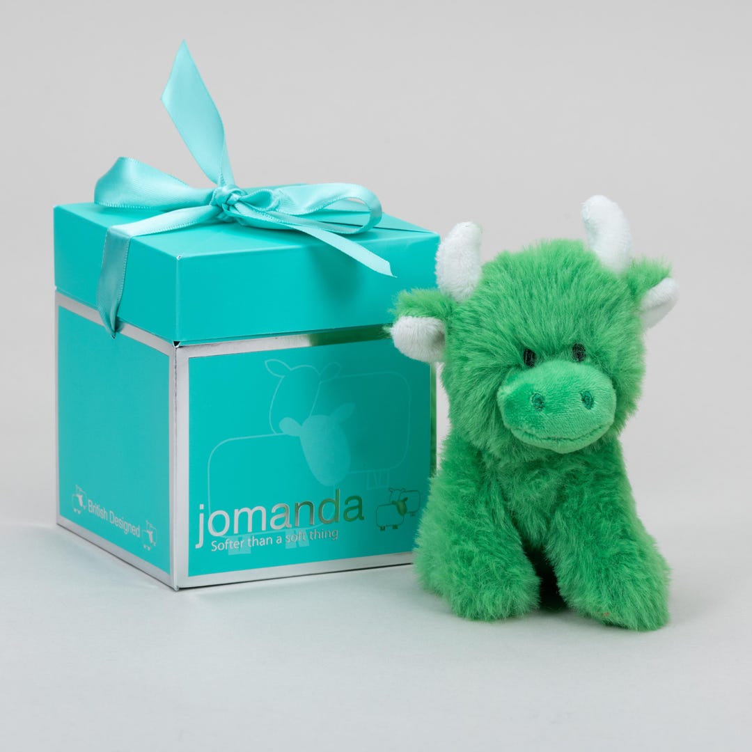 Mini Highland Green Cow Plush Soft Toy in Pop up Box CE/UKCA - My Name ...
