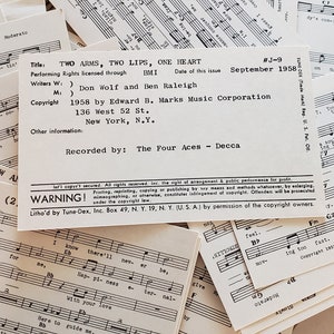 15 Vintage 1940's Tuneadex Sheet Music Index Cards for Junk Journal ...