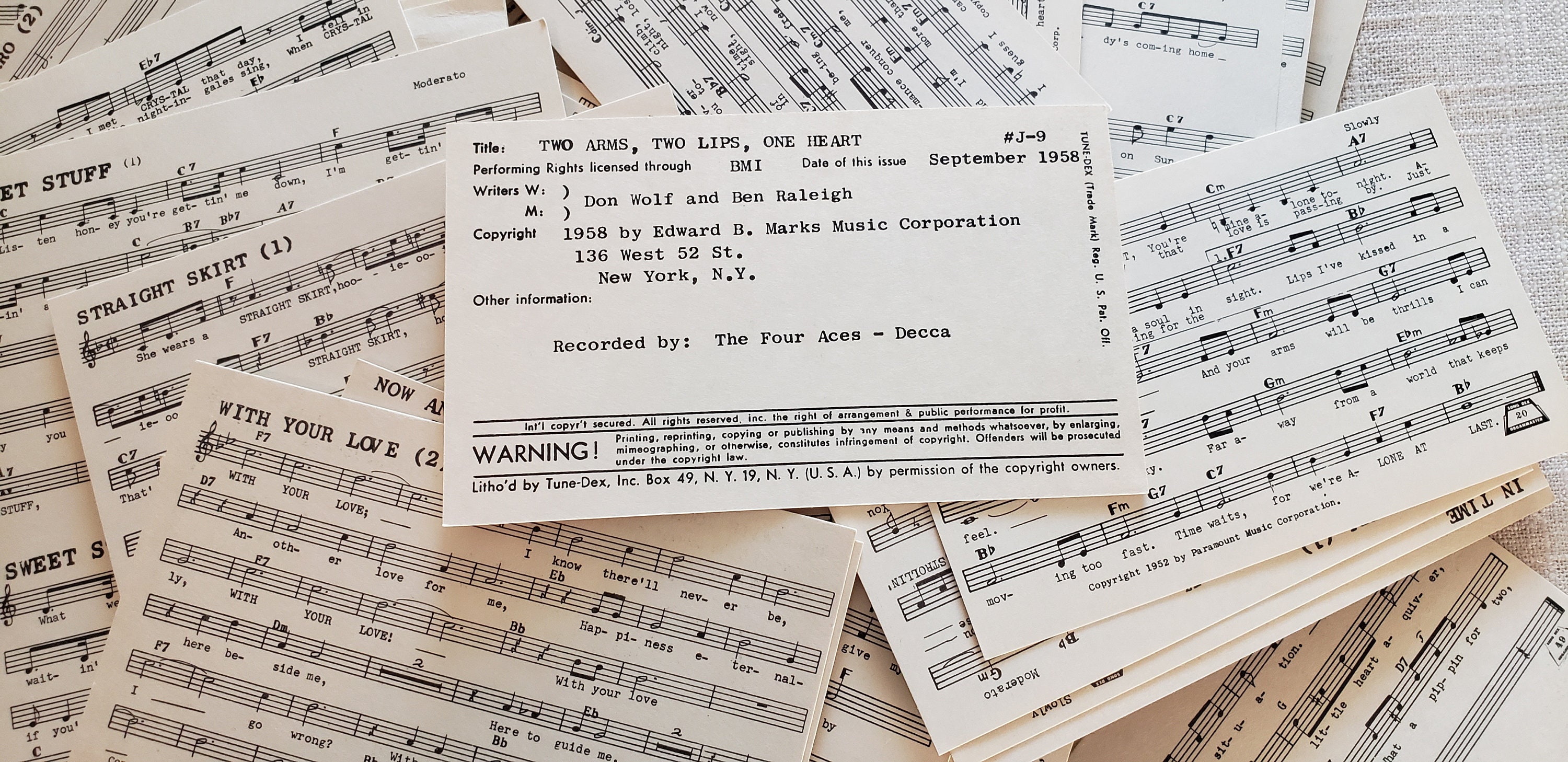 15 Vintage 1940's Tuneadex Sheet Music Index Cards for Junk Journal ...