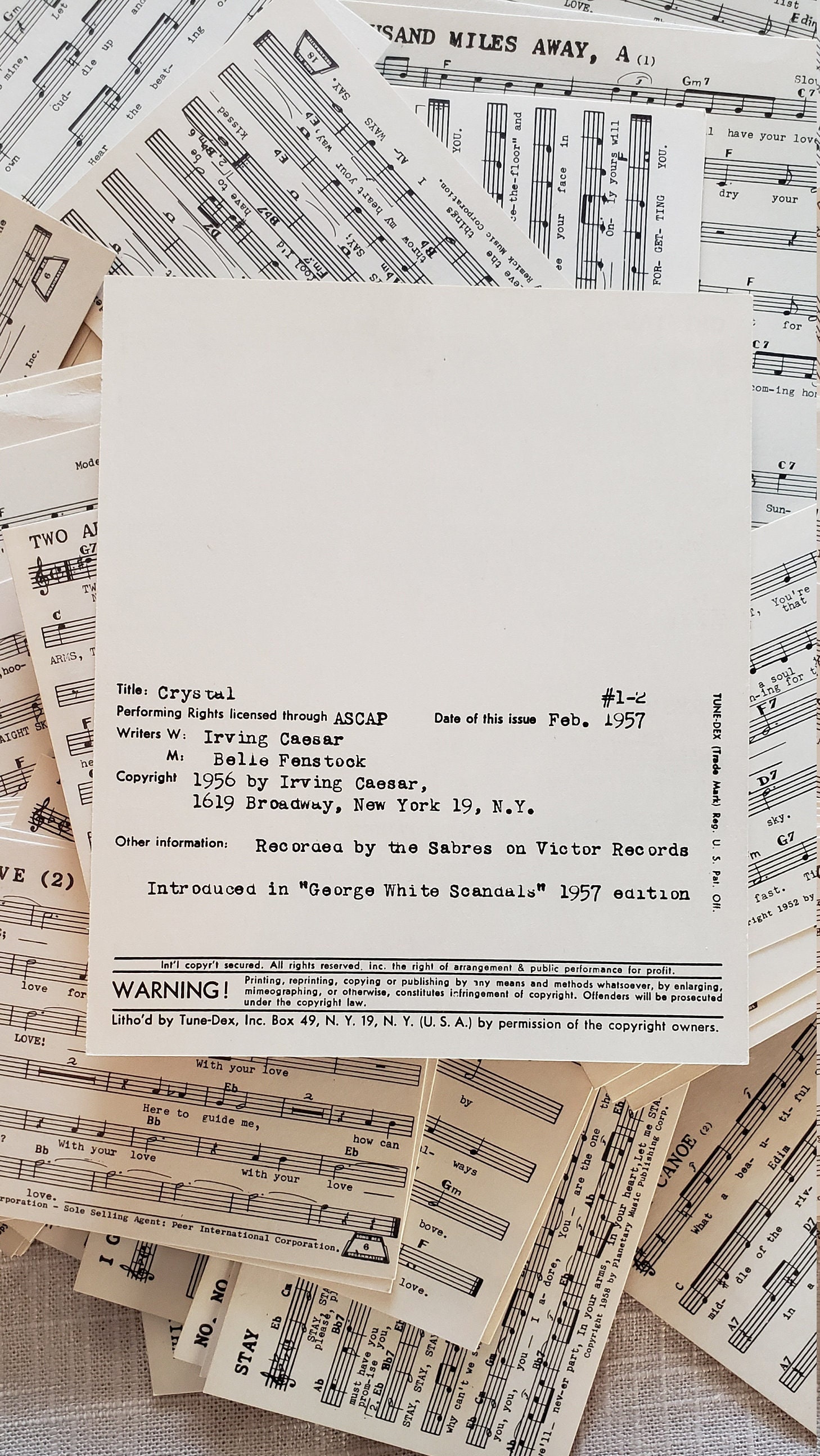 15 Vintage 1940's Tuneadex Sheet Music Index Cards for Junk Journal ...