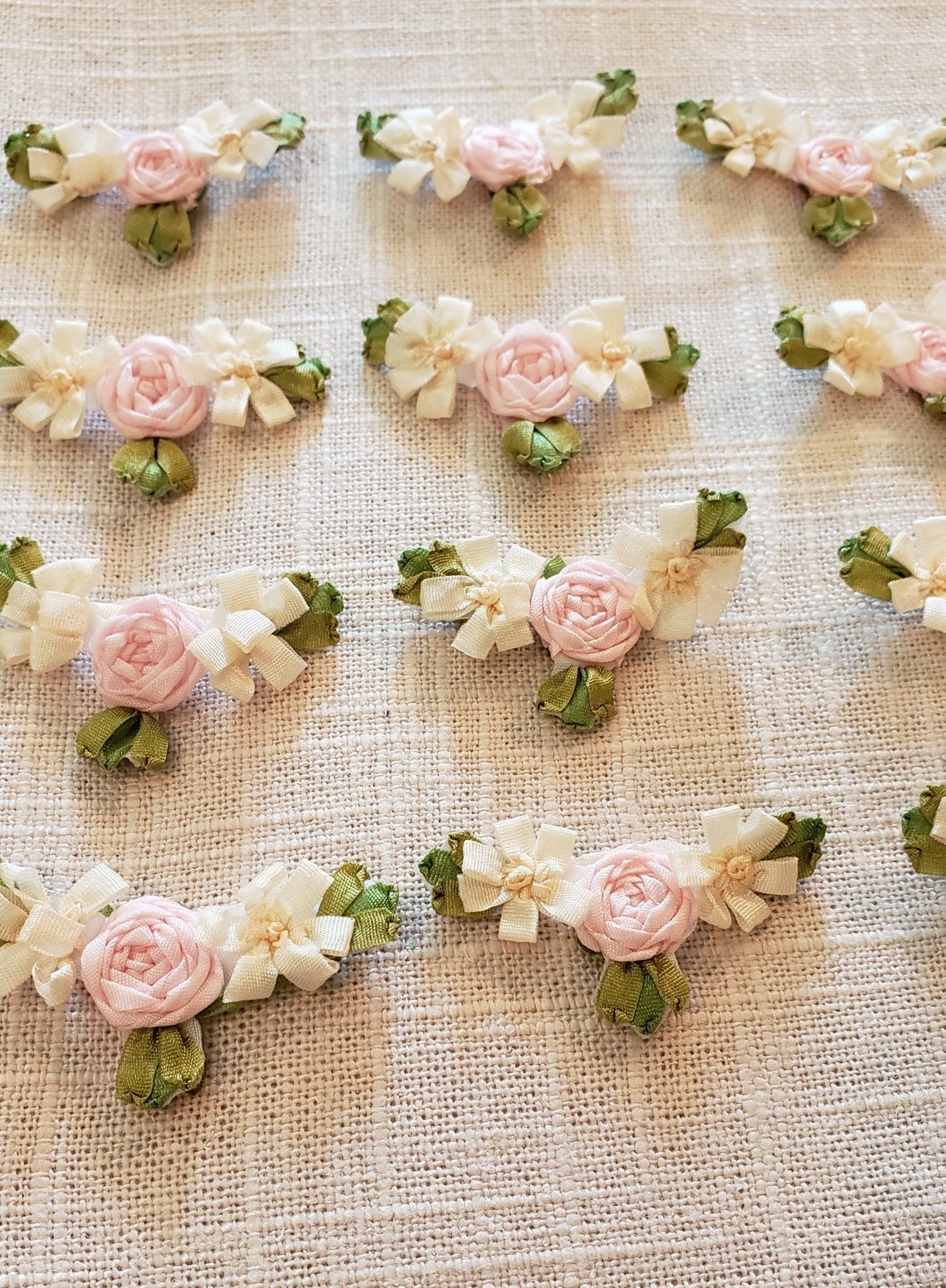 8 Vintage Ribbon Embellishment Applique Pink Rose Flower USA - Etsy
