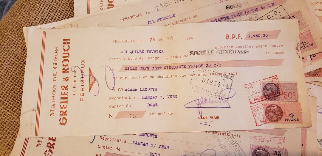 Beautiful Antique Large French Bank Checks With Pretty Pink Tax Stamps ...