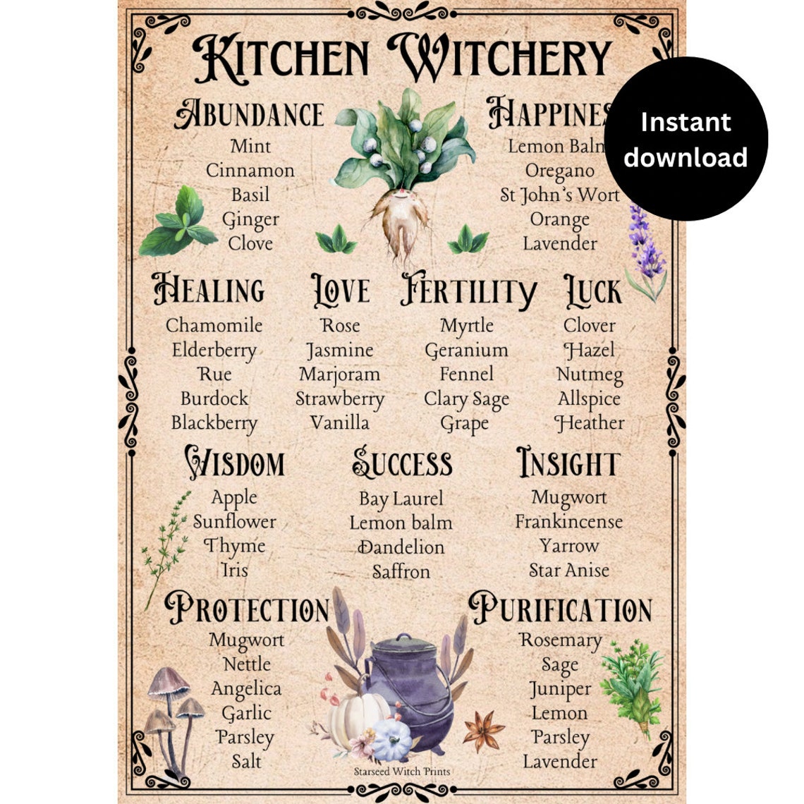 Kitchen Witchery Art Print: Cottagecore Witch Plants & Herbs (digital ...