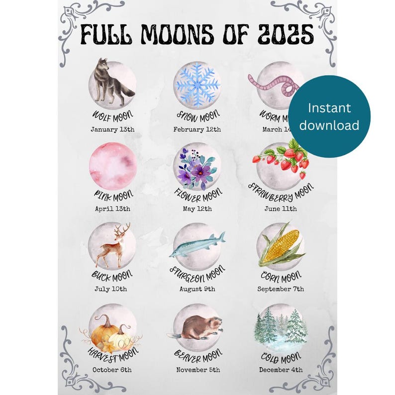 Full Moons of 2025 Printable A4 Poster | Lunar Calendar | Full Moon Art ...