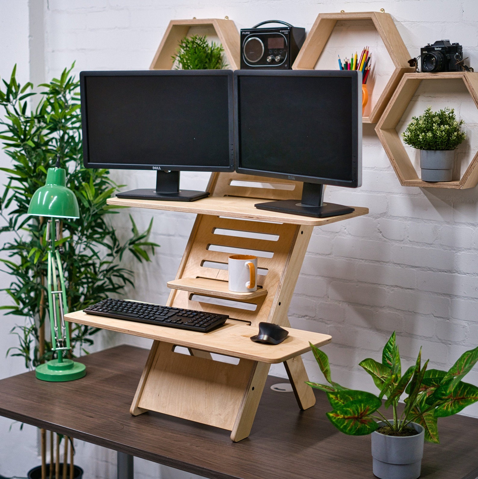 Large Adjustable Standing Desk Double Monitor Stand Birch - Etsy UK