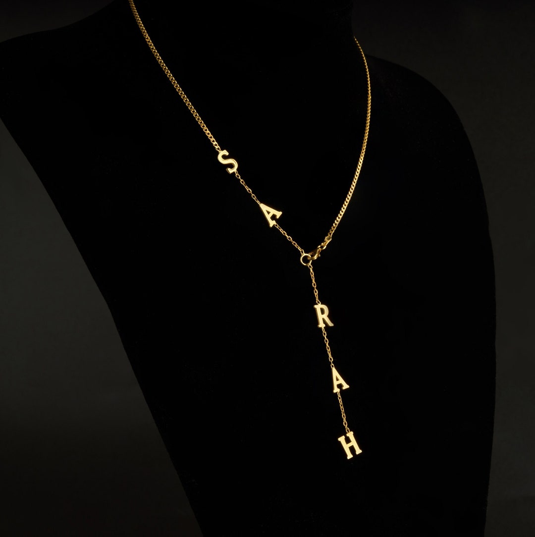 Gold Plated Lariat Name Necklace With Curb Chain, Y Necklace ...