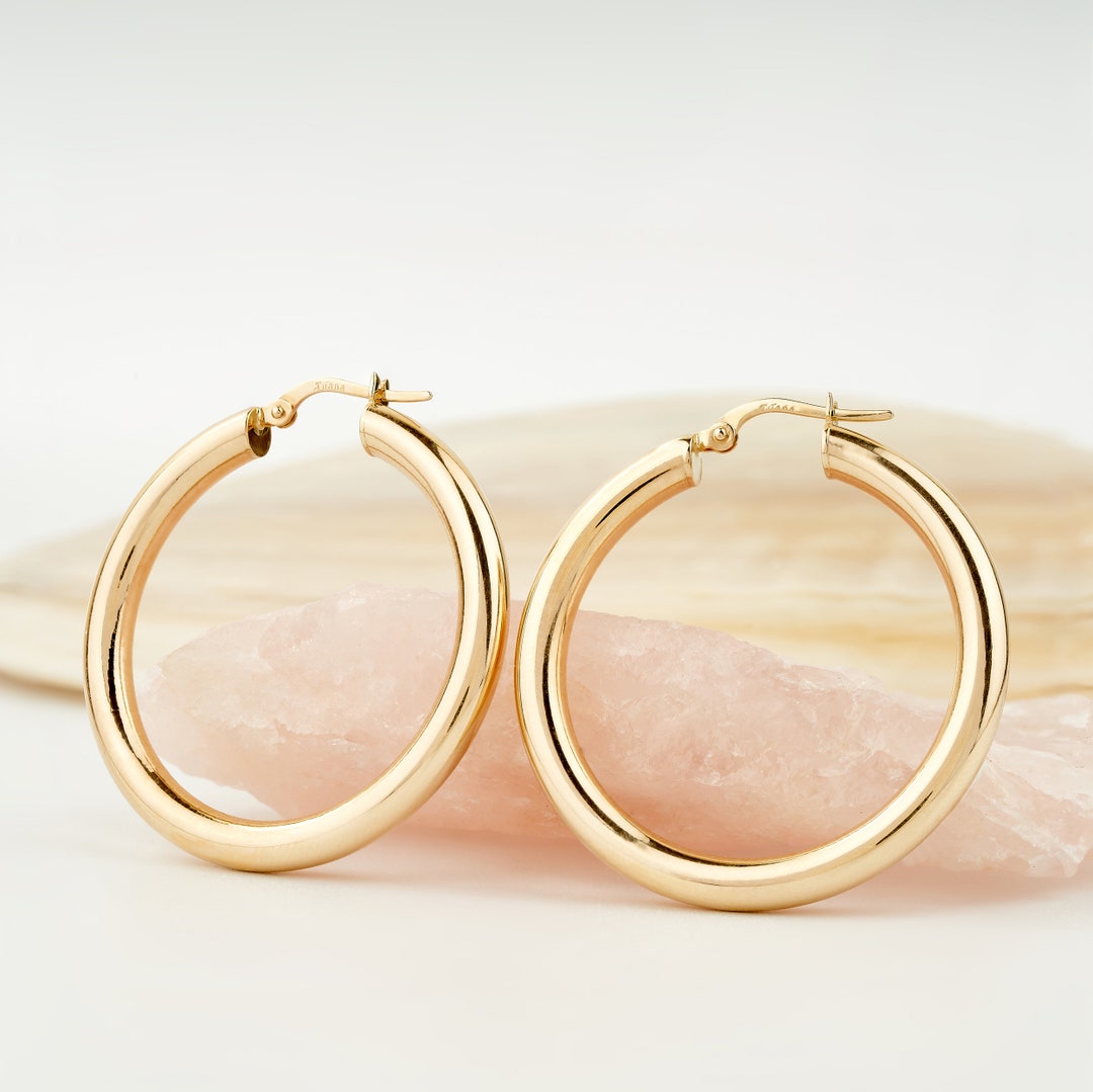 14K Gold Chunky Endless Hoops Earrings, Thick Lightweight Classic Hoops ...
