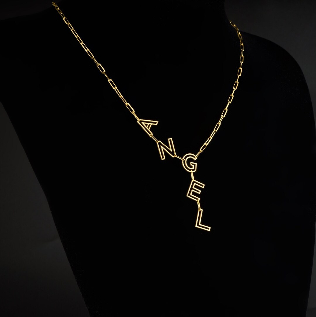 Gold Lariat Y Name Necklace With Paperclip Chain, Custom Gold Plated ...