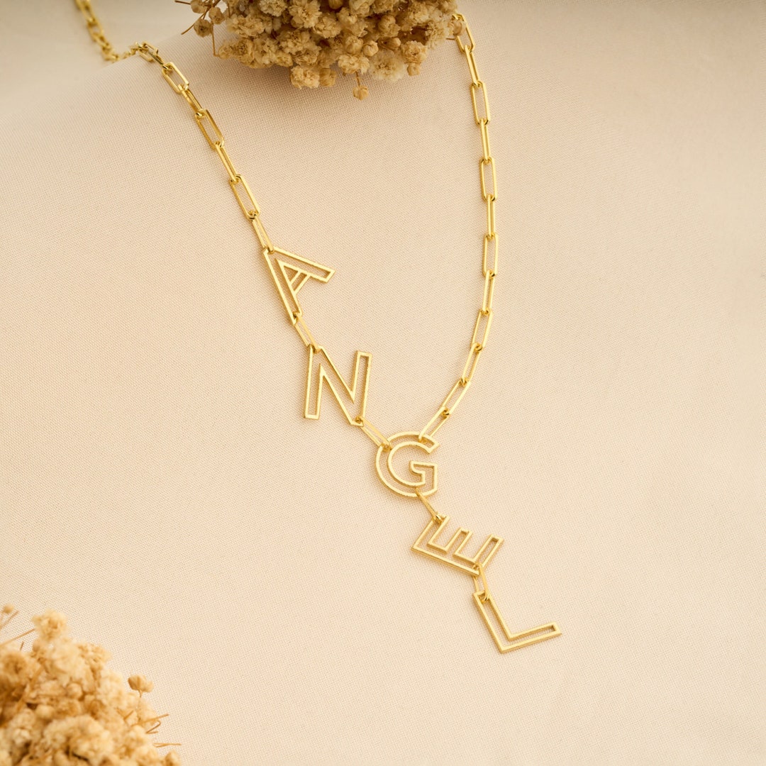 Gold Lariat Y Name Necklace With Paperclip Chain, Custom Gold Plated ...