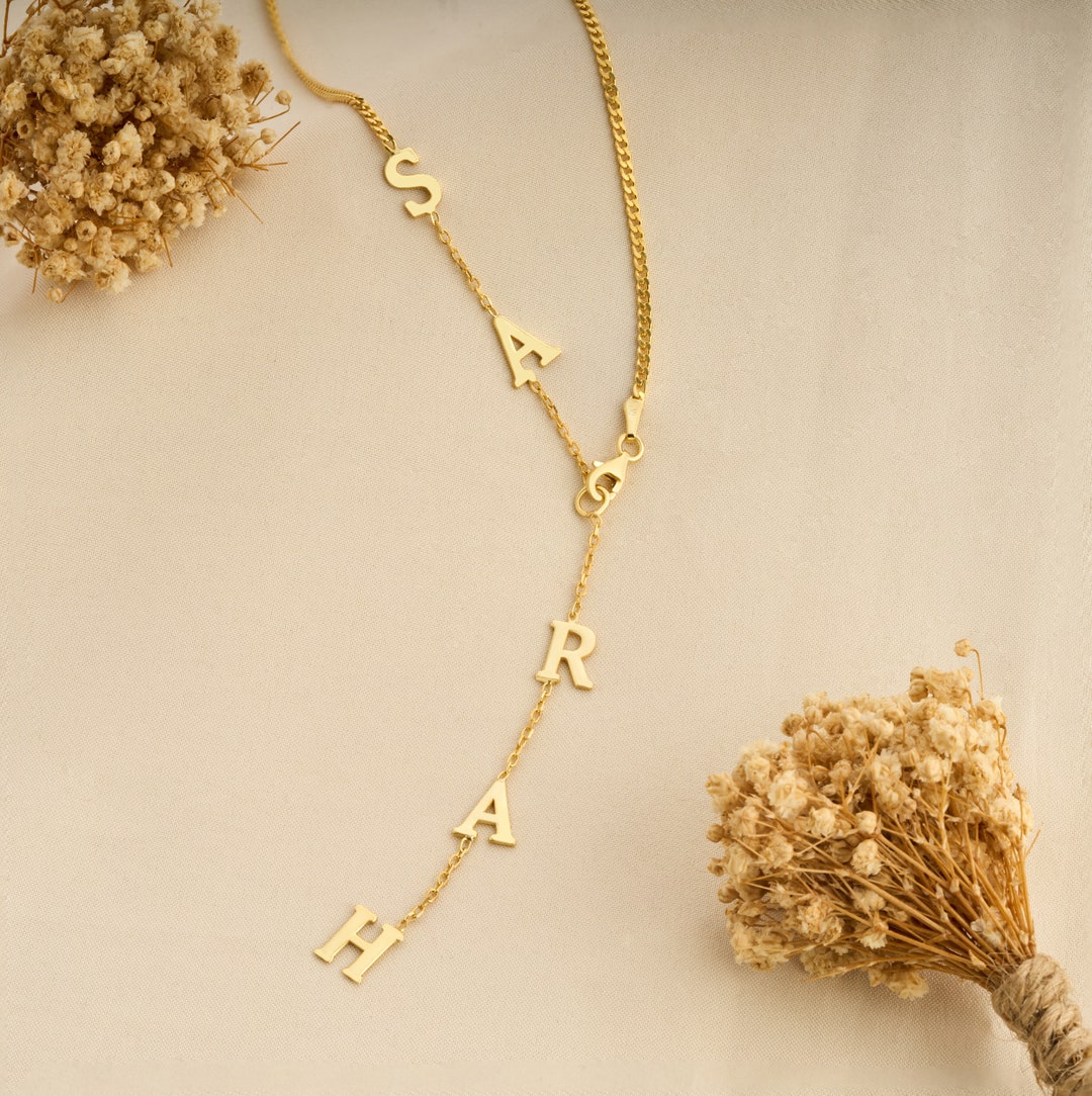 Gold Plated Lariat Name Necklace With Curb Chain, Y Necklace ...