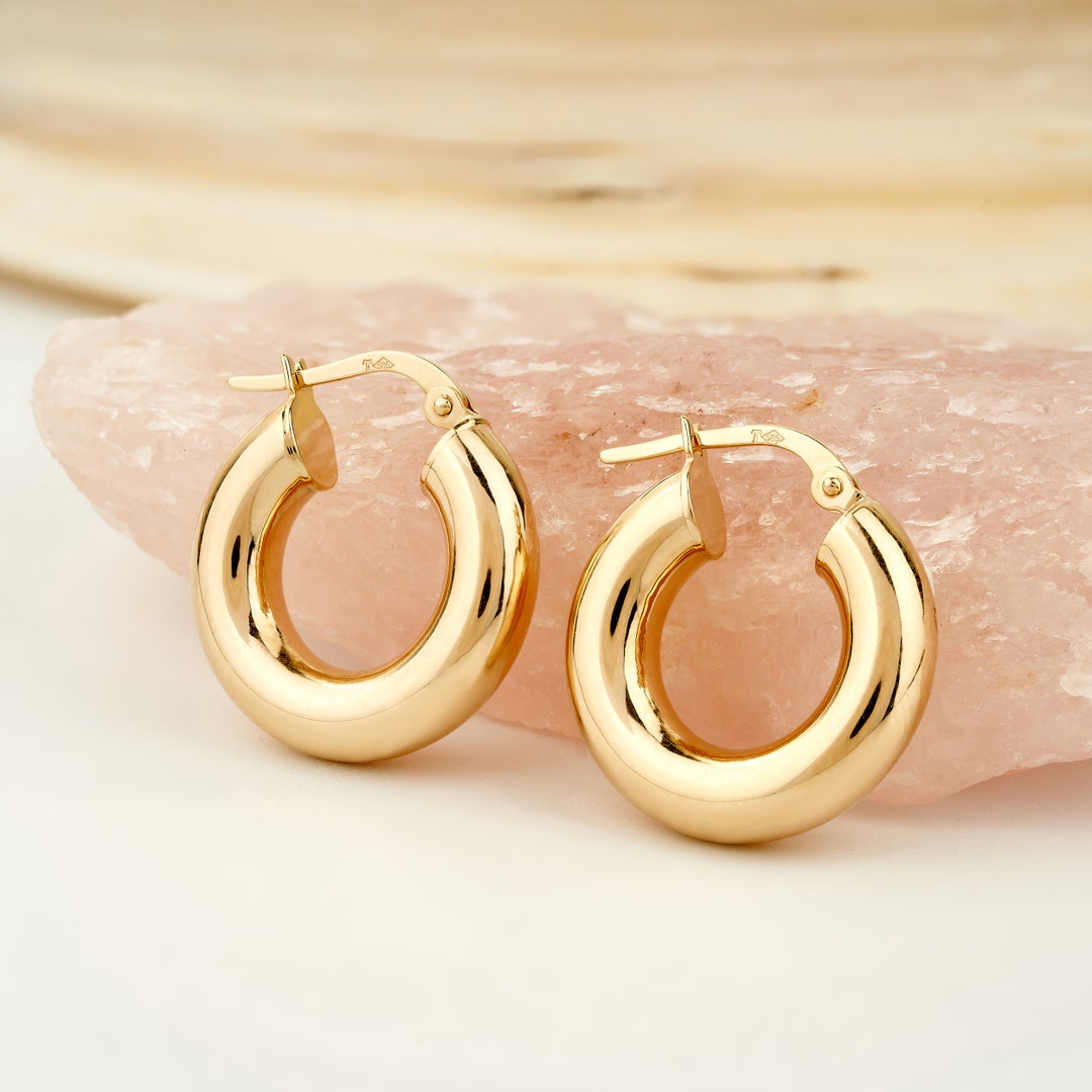 14K Solid Gold Hoops Earrings, Chunky Real Gold Hoops, Thick Gold Hoop ...