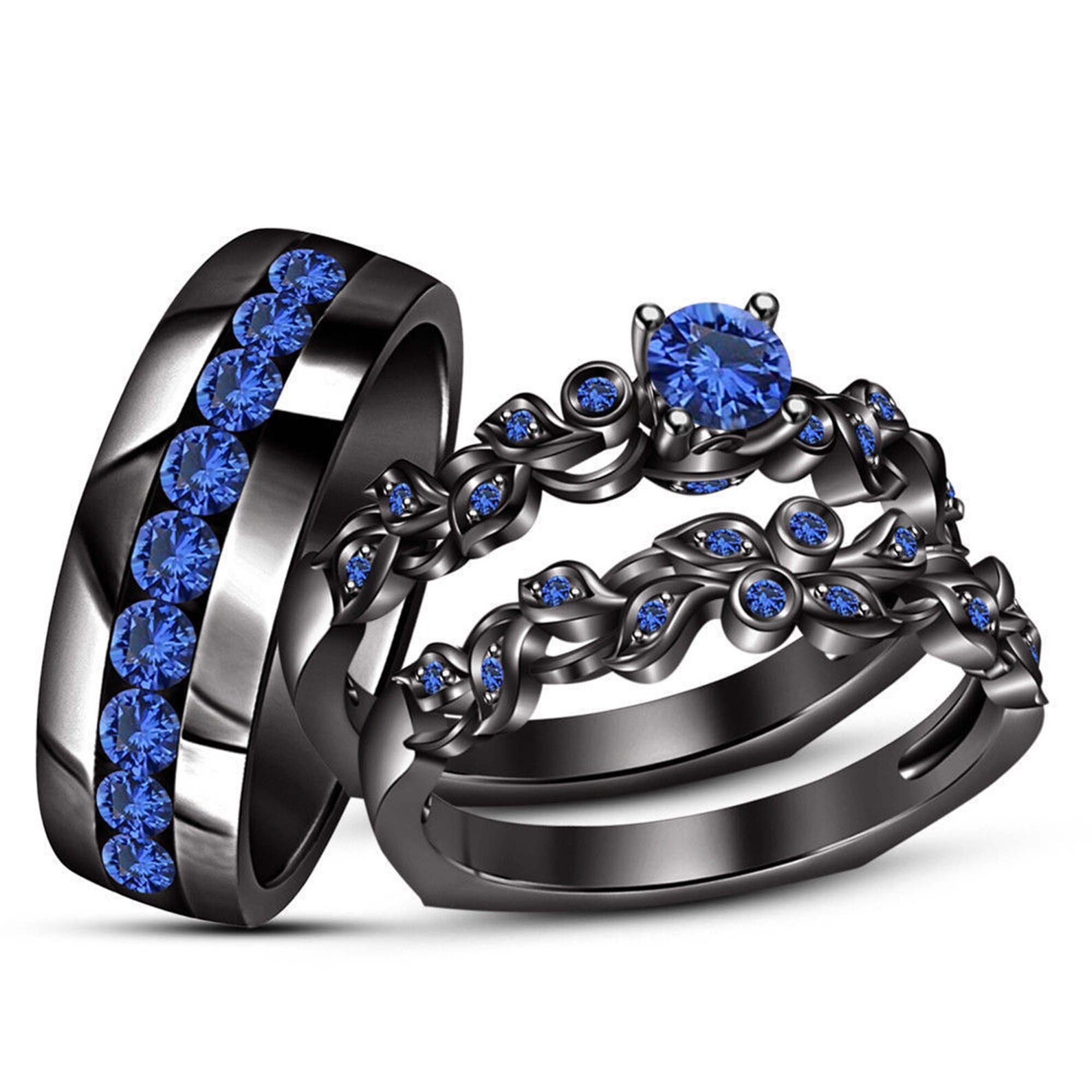 Sapphire His & Her Wedding Engagement Trio Ring Set,14k Black Gold ...