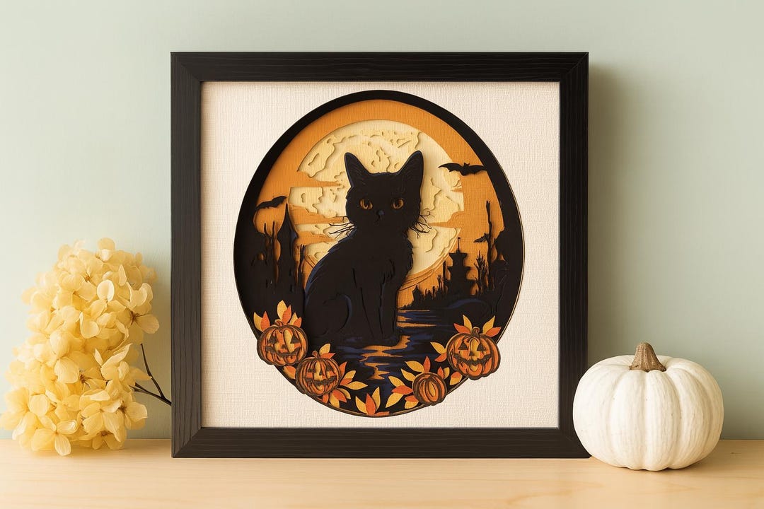 Black Cat With Pumpkins 9x9 Shadowbox - Etsy